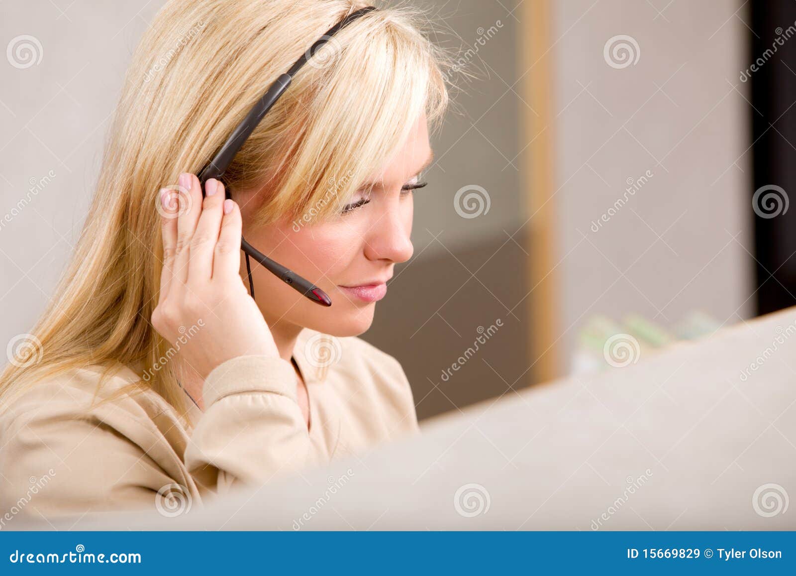Receptionist with Phone Headset Stock Image - Image of women, woman ...