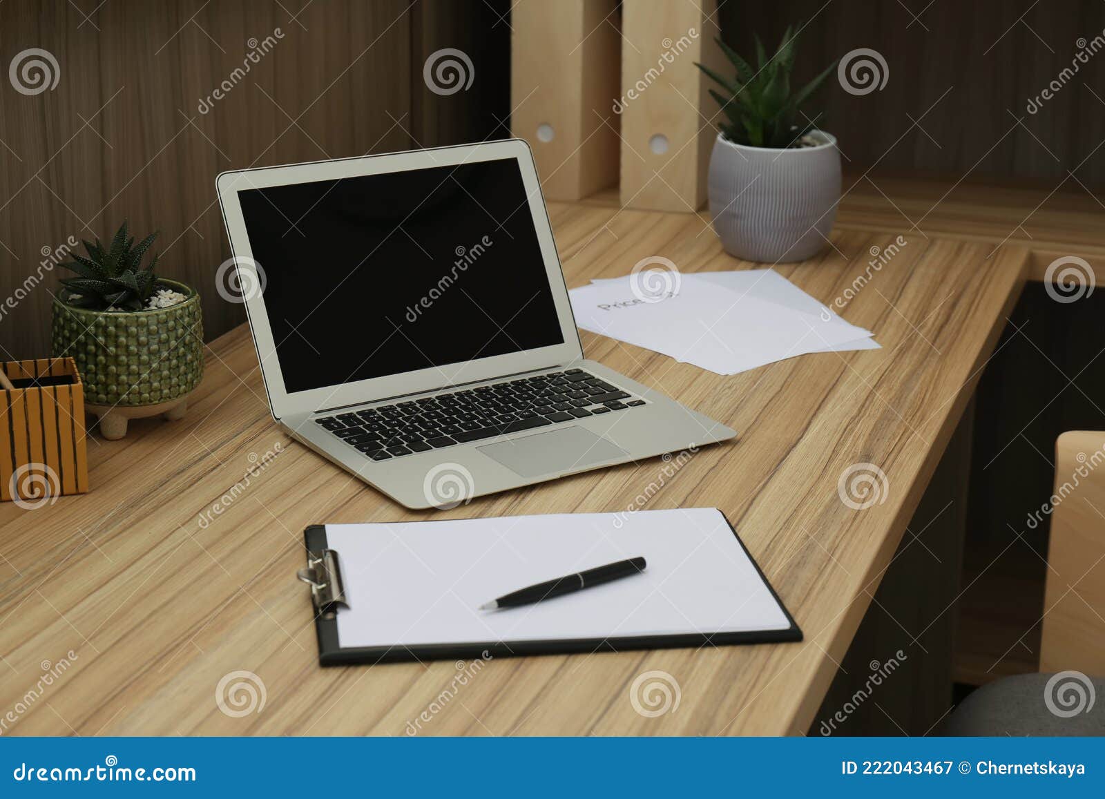 Receptionist`s Workplace with Laptop in Hotel. Interior Stock Image ...