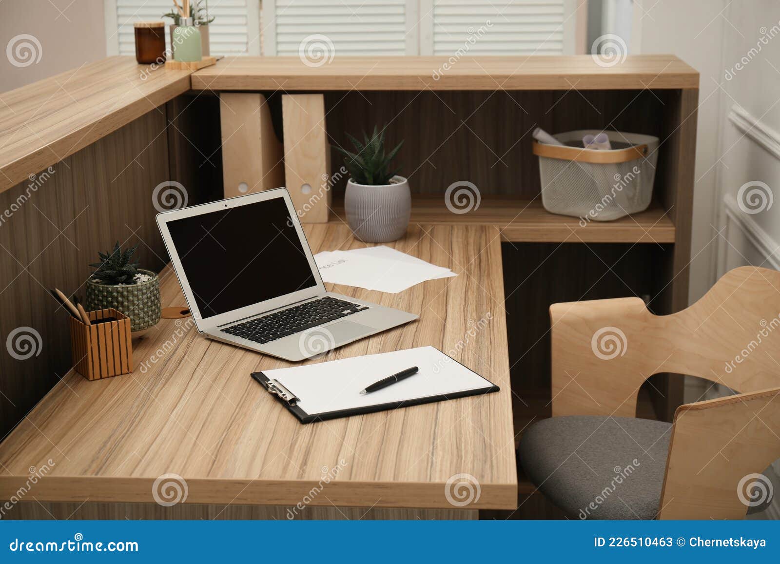 Receptionist`s Workplace with Laptop in Hotel. Interior Stock Image ...