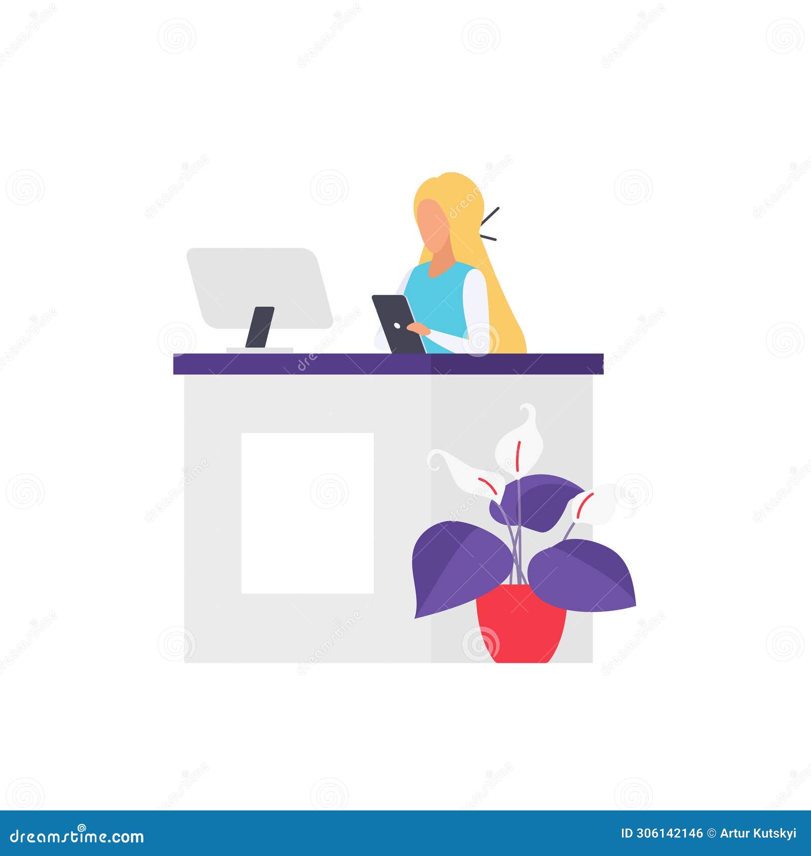 Receptionist Waiting for Clients at Reception Desk, Woman Behind ...