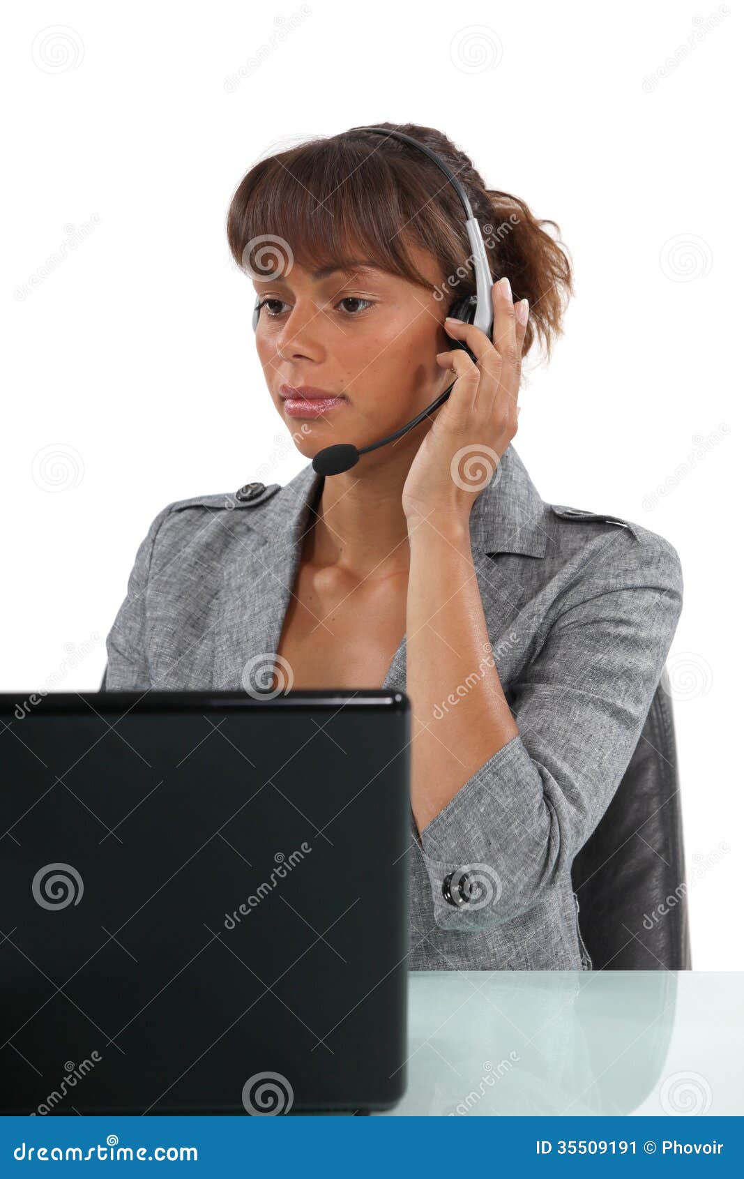 Receptionist Wearing Head-set Stock Image - Image of assistant, entry ...