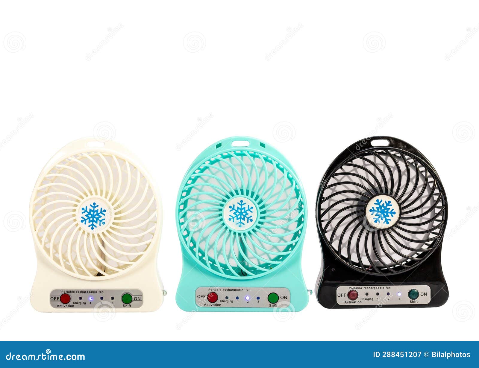 Rechargeable White, Blue and Black Small Fan on White Background Stock ...