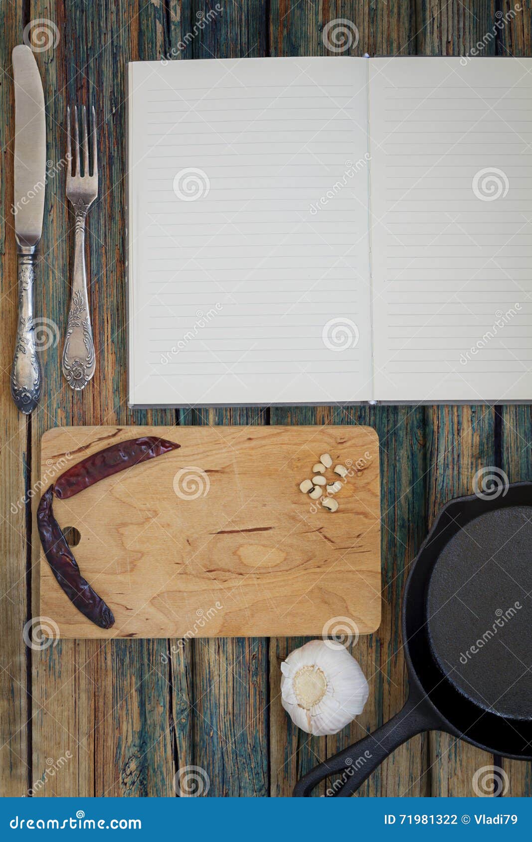Recipe Book with a Mix of Kitchen Objects on a Vintage Wood Back Stock ...