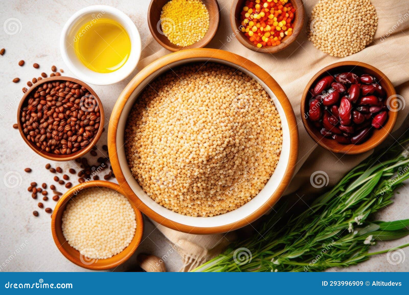 Recipe Ingredients Around a Bowl with Fluffy Quinoa Stock Image - Image ...