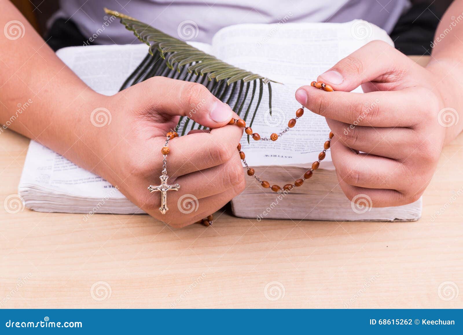 Reciting Prayers Using Catholic Rosary with Crucifix and Bible Stock ...