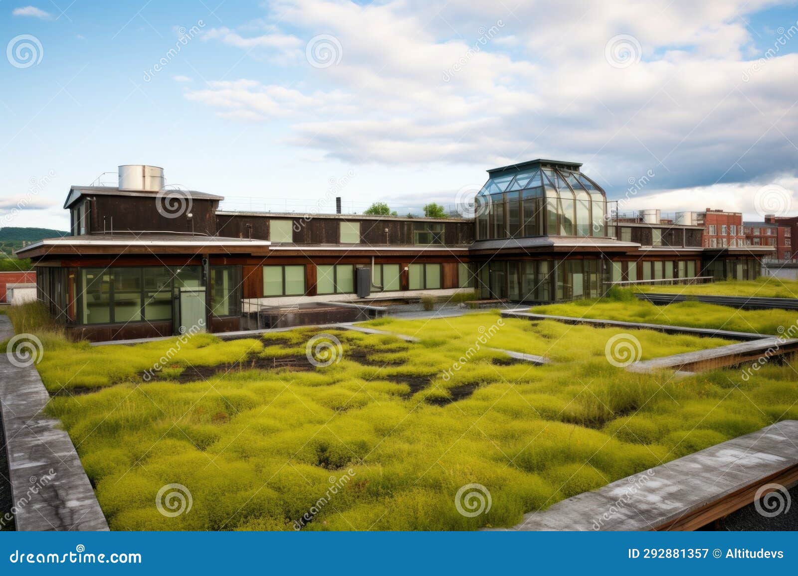 Reclaimed Factory Building with Grass Rooftop Stock Image - Image of ...