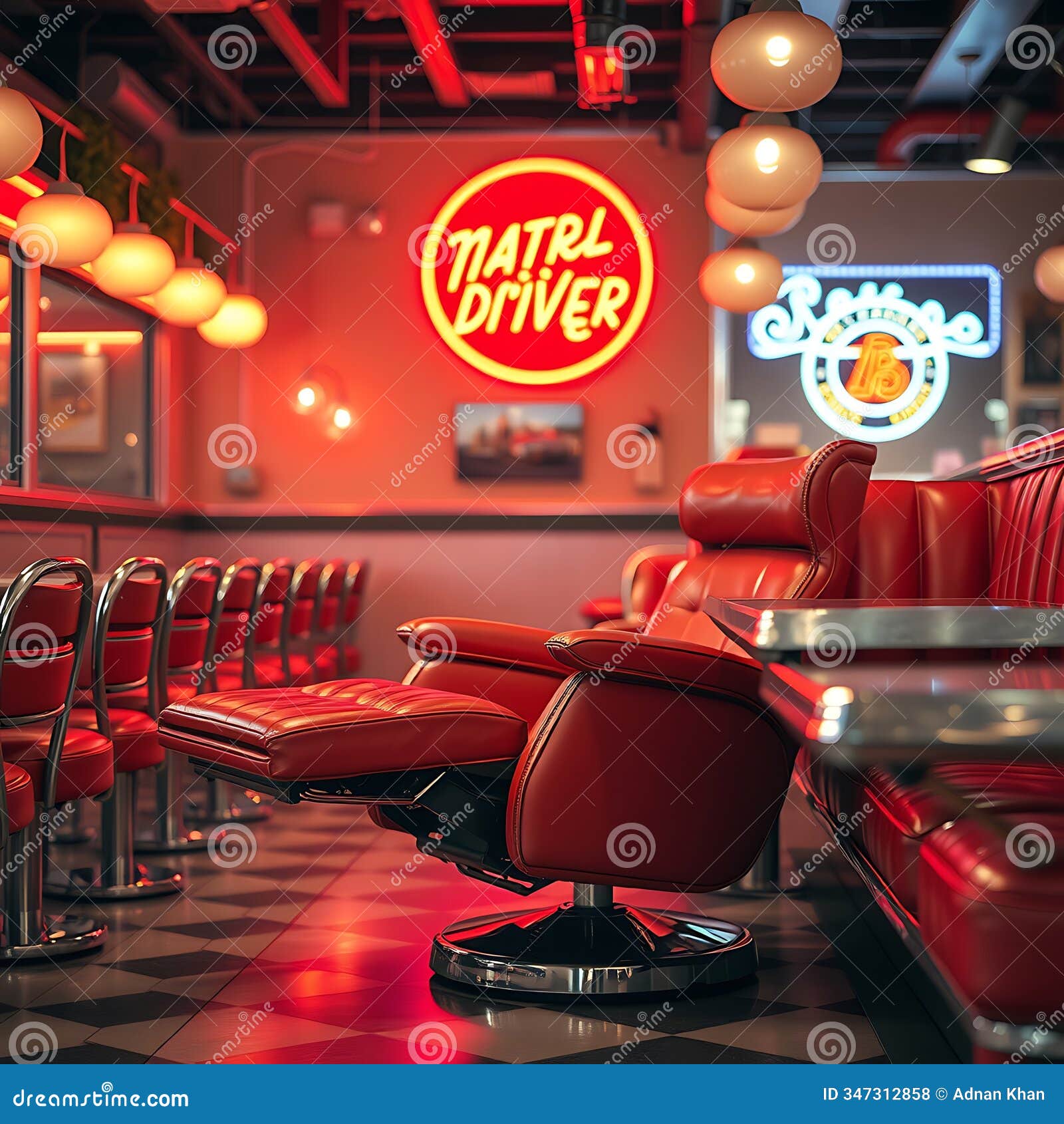 A Recliner in a Retro Diner Setting with Bright Neon Lights and a Shiny ...