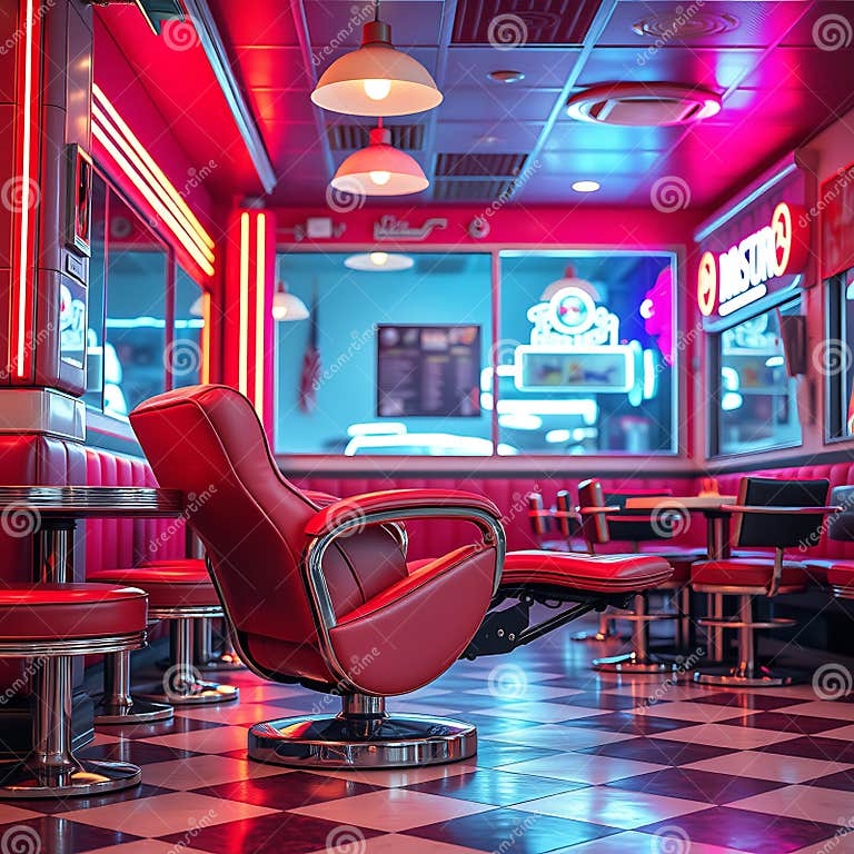 A Recliner in a Retro Diner Setting with Bright Neon Lights and a Shiny ...