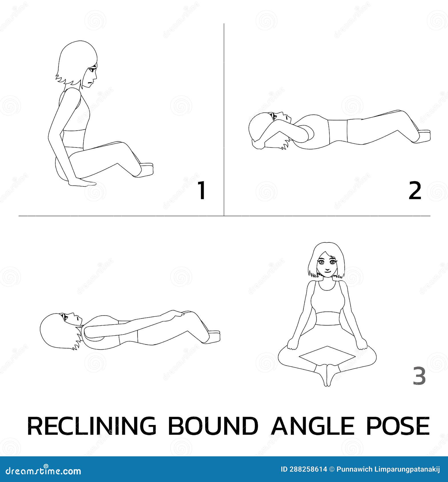Reclining Bound Angle Pose Yoga Manga Tutorial How Cartoon Vector ...
