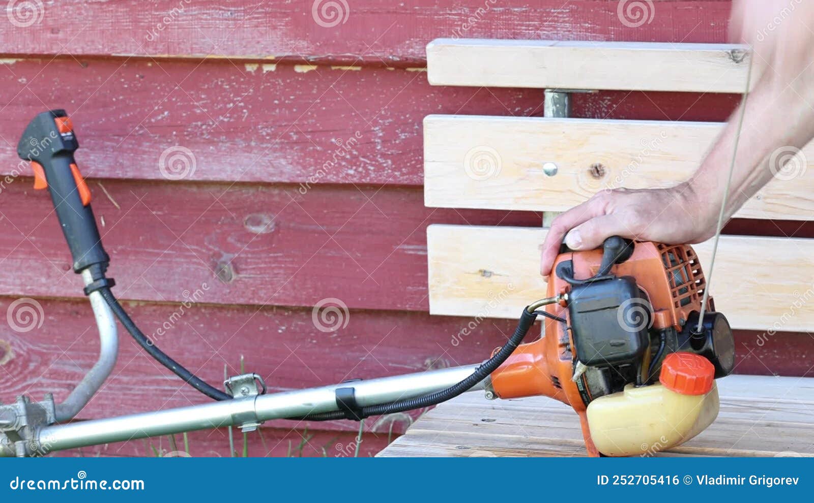 Recoil Starter Starts Petrol Lawn Grass Weed Trimmer. Stock Footage ...