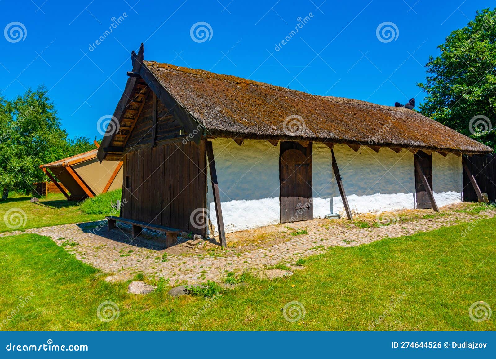 Reconstructed Viking Houses at Trelleborg, Denmark Stock Photo - Image ...