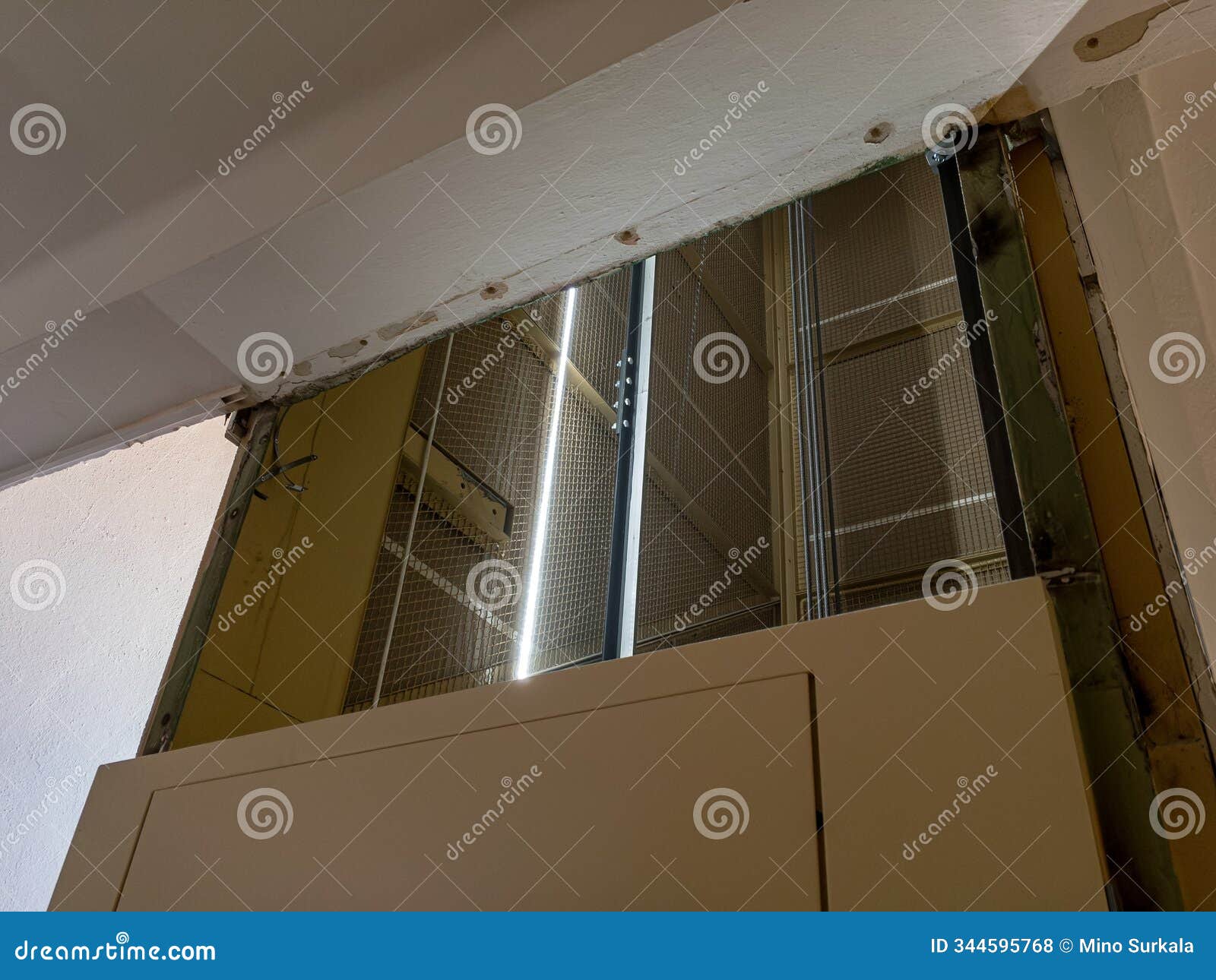 Reconstruction of Elevator Shaft with Ropes and LED Lights Stock Photo ...