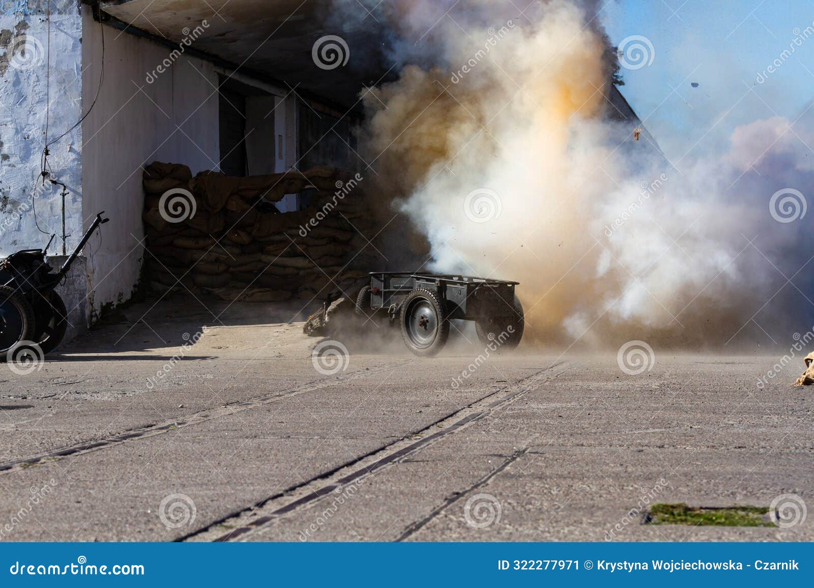 Reconstruction of a World War II Battle. Bombs Exploding in a City ...