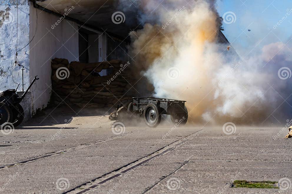Reconstruction of a World War II Battle. Bombs Exploding in a City ...
