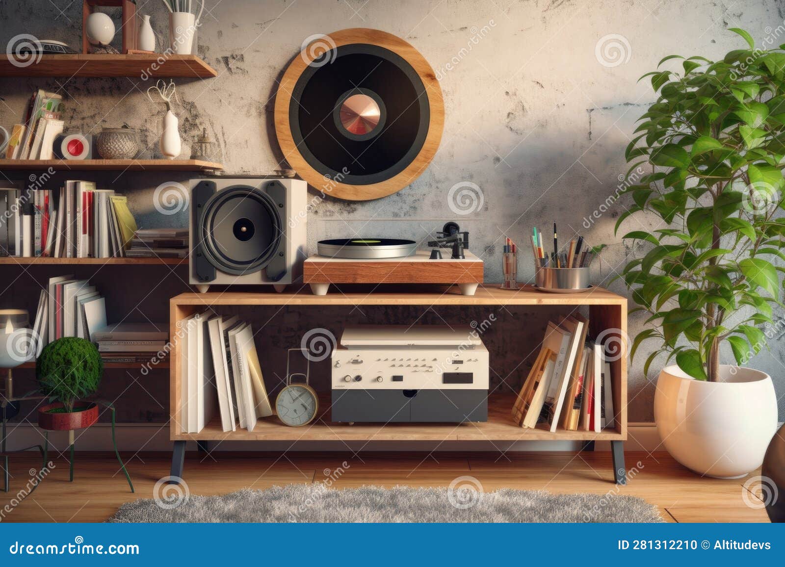 Record Player on Bookshelf with Modern Interior Stock Photo - Image of ...