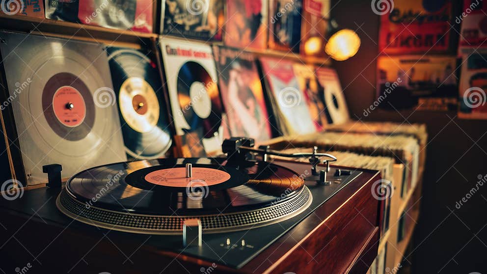 A Record Player Sitting on Top of a Wooden Table with Records, AI Stock ...