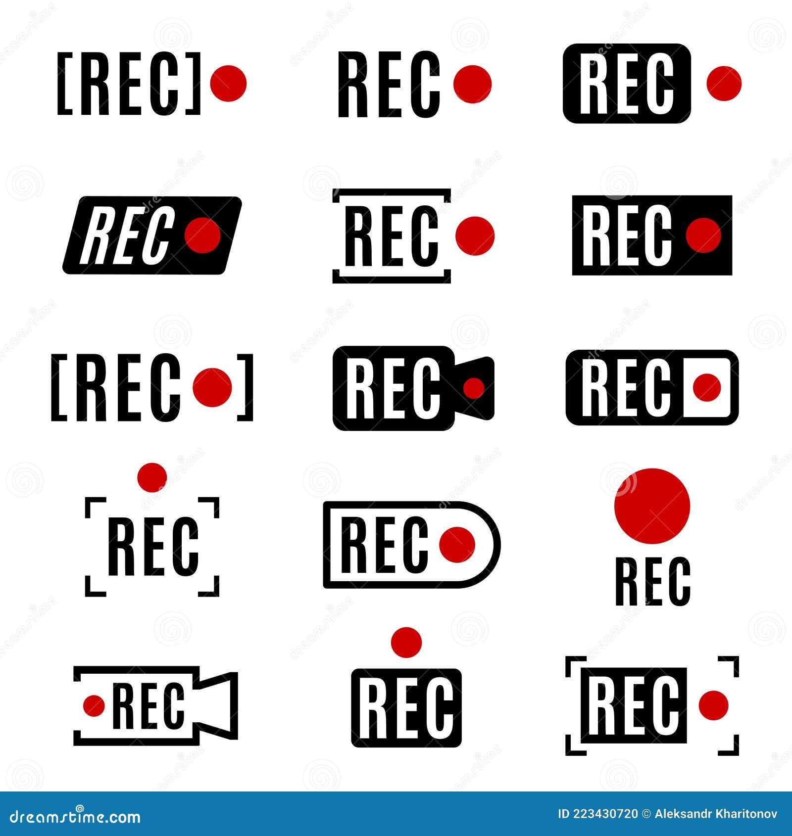 Recording Sign Vector Illustration. Red Panel Rec Icon Set Isolated ...