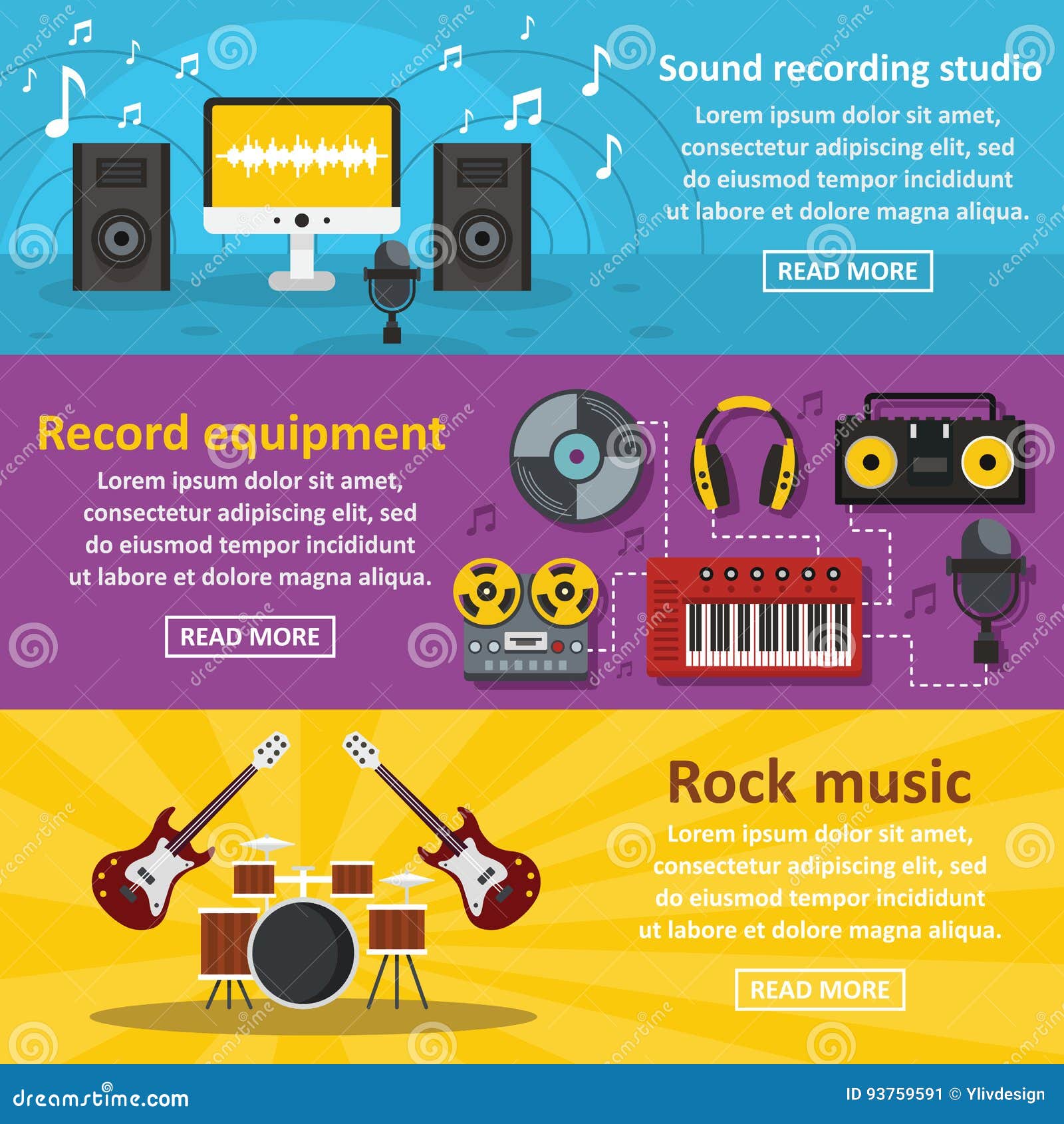 Recording Studio Banner Horizontal Set, Flat Style Stock Vector ...