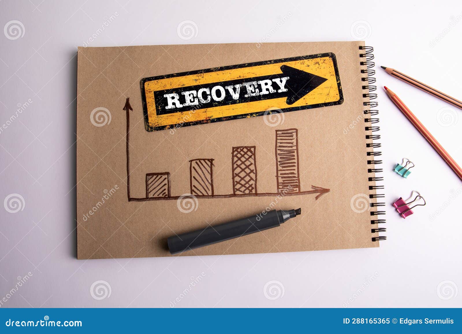 Recovery Concept. Direction Arrow and Chart on Office Desk Stock Image ...