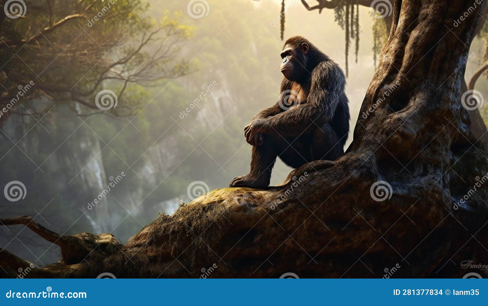 Recreation of a Bipedal Hominid Sit Down and Thinking in a Tree in a ...