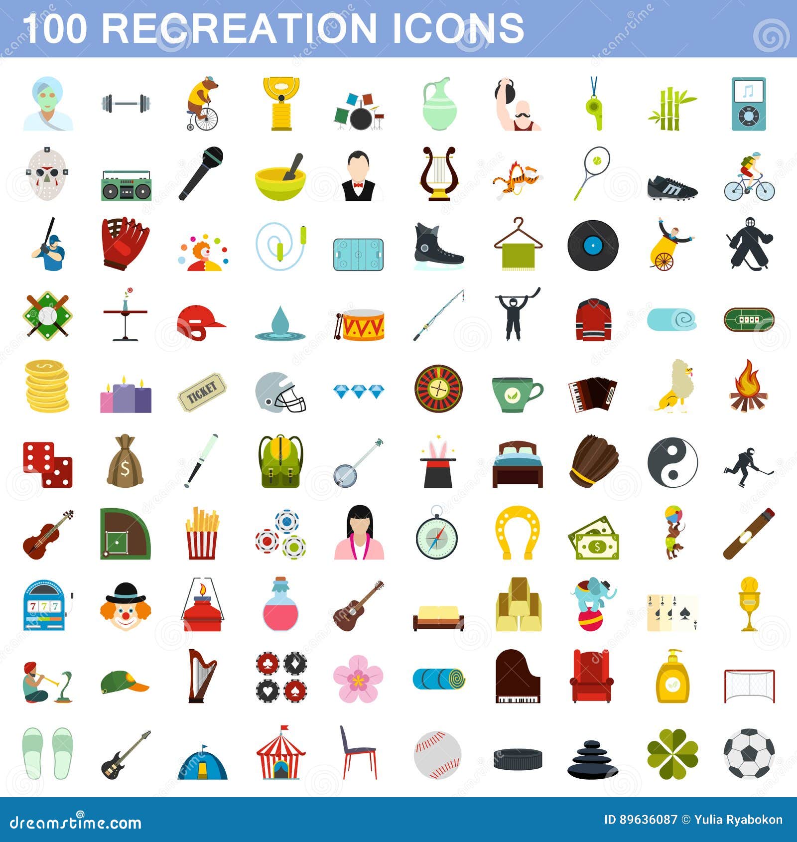 100 Recreation Icons Set, Flat Style Stock Vector - Illustration of ...