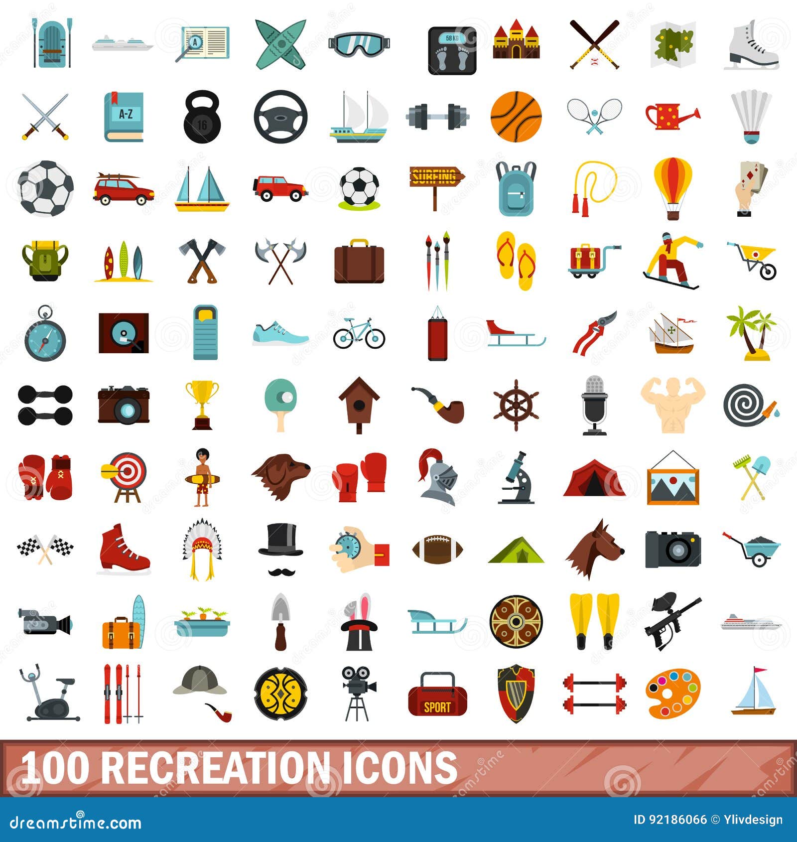 100 Recreation Icons Set, Flat Style Stock Vector - Illustration of ...