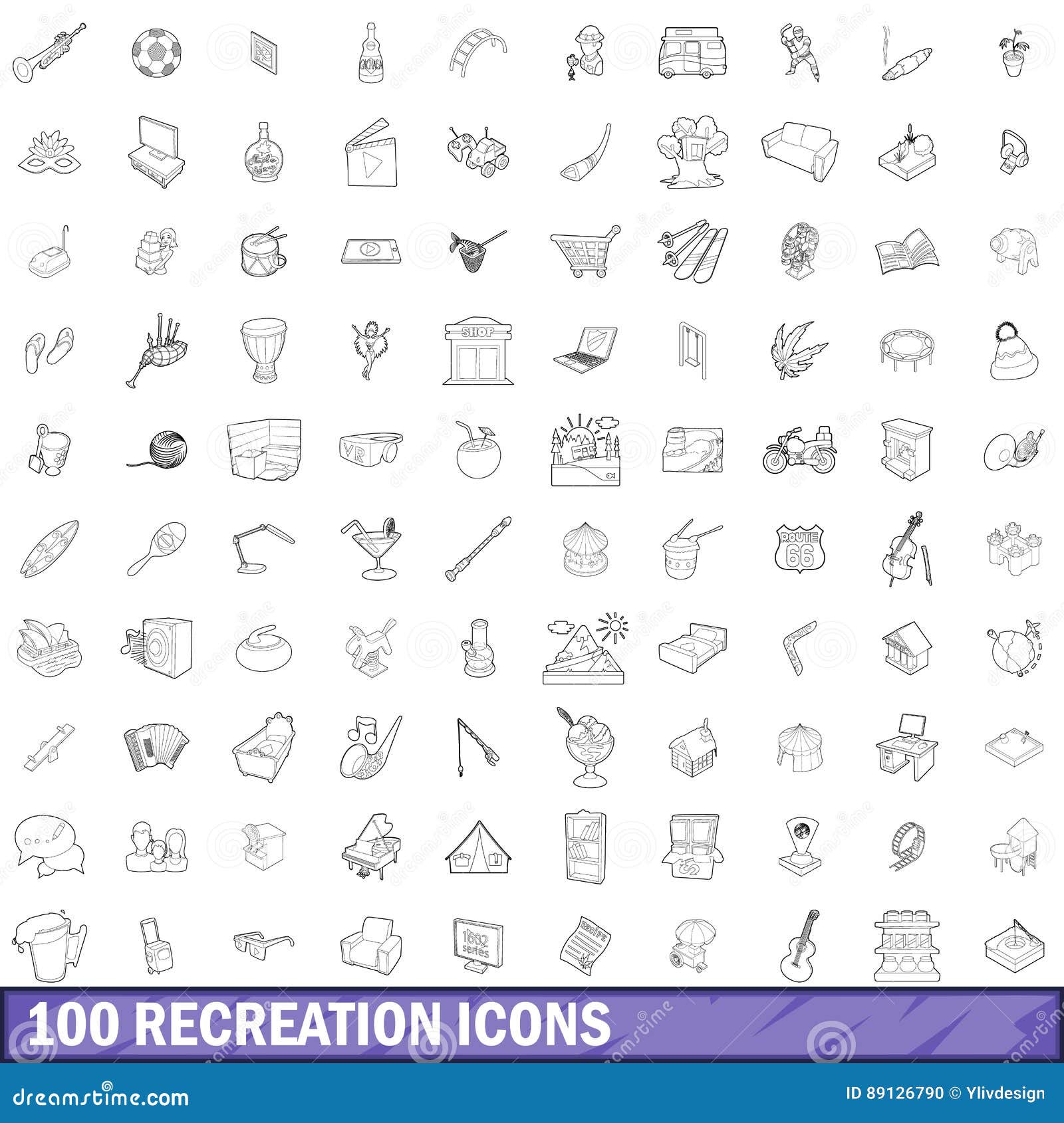 100 Recreation Icons Set, Outline Style Stock Vector - Illustration of ...