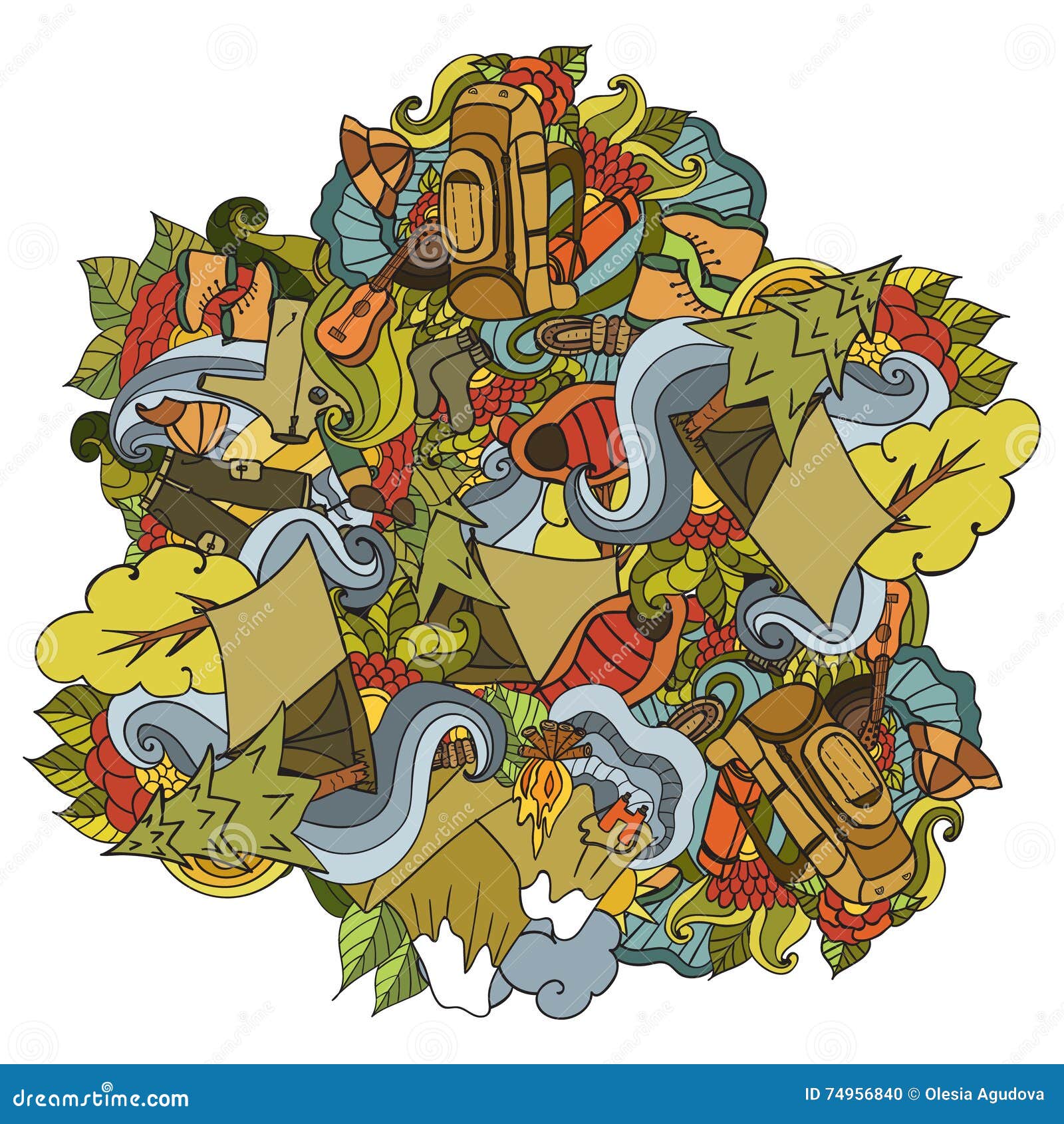 Recreation. Tourism and Camping. Hand Drawn Doodle Elements - Vector ...