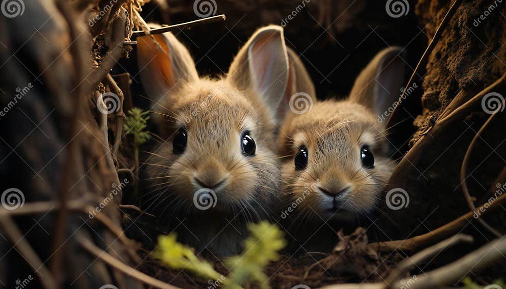 Recreation of Two Small Rabbits in a Burrow Stock Photo - Image of ...