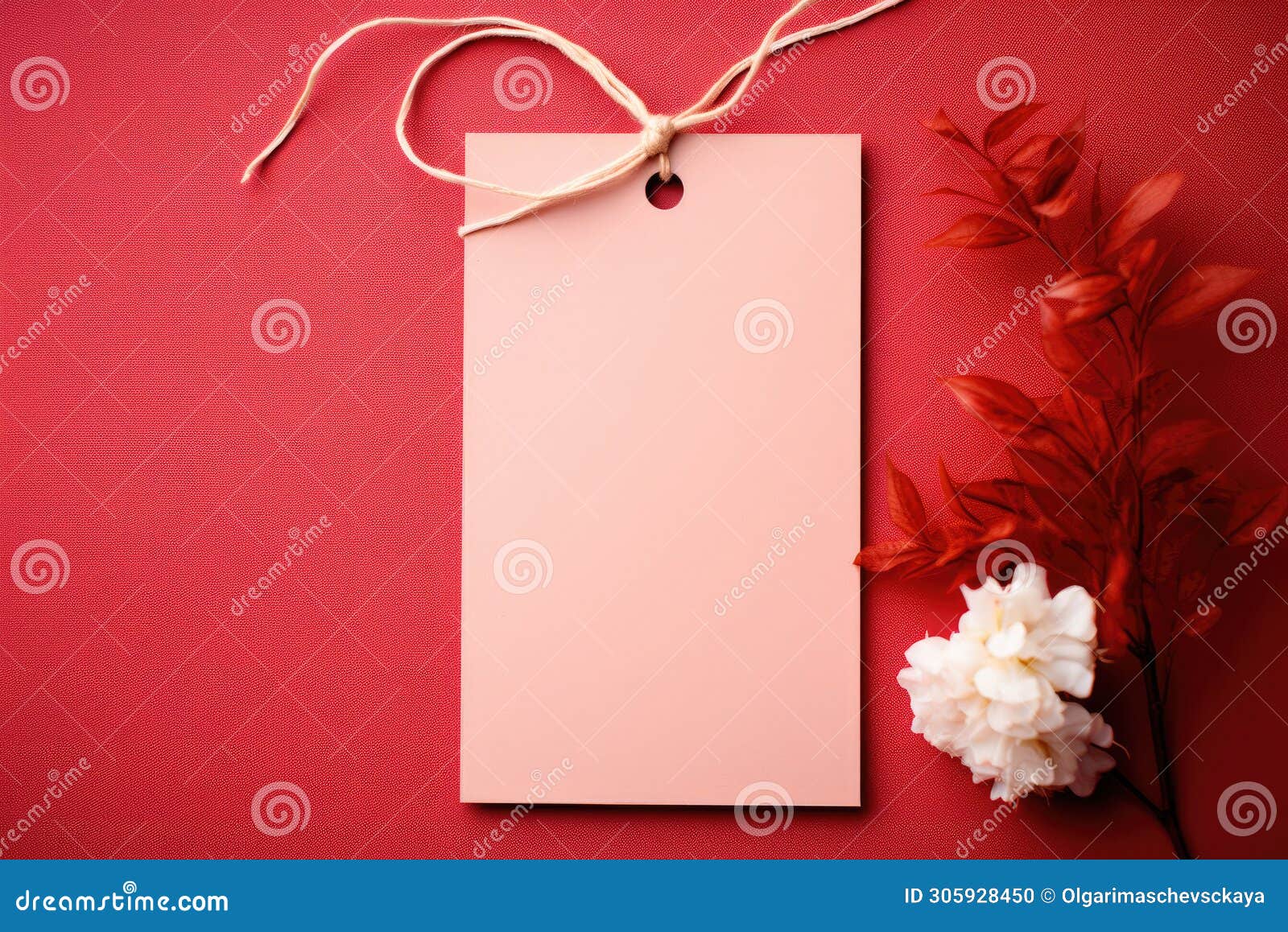 Rectangle Blank Empty Paper Card Label Tag Mock Up with Flowers on Red ...