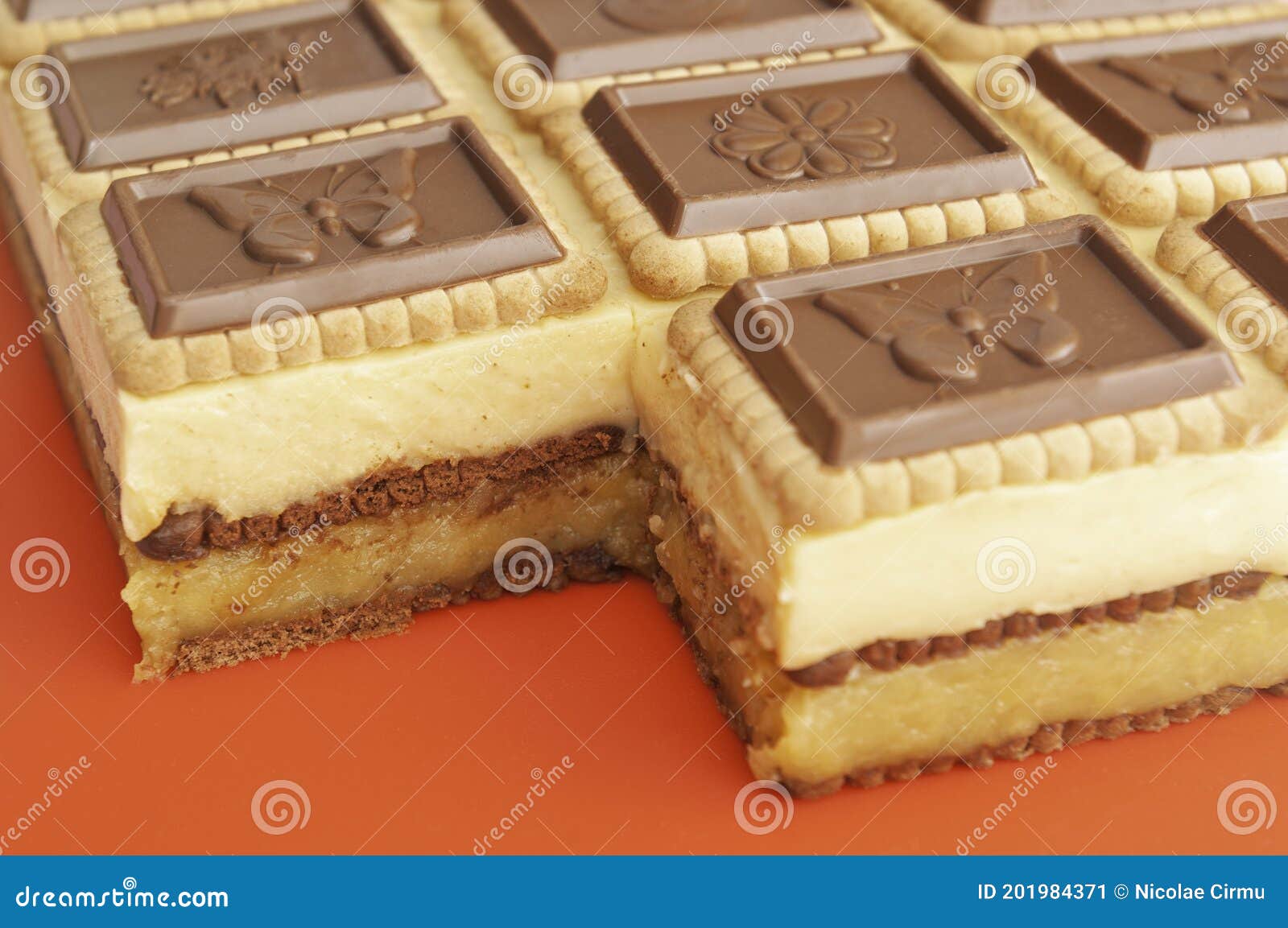 Rectangle Brown Cake Section with Biscuits, Apples and Pudding Stock ...