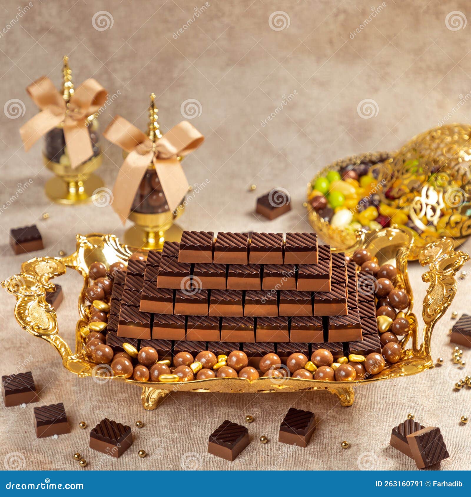 Rectangle Chocolate on Golden Tray Stock Image - Image of contrasts ...