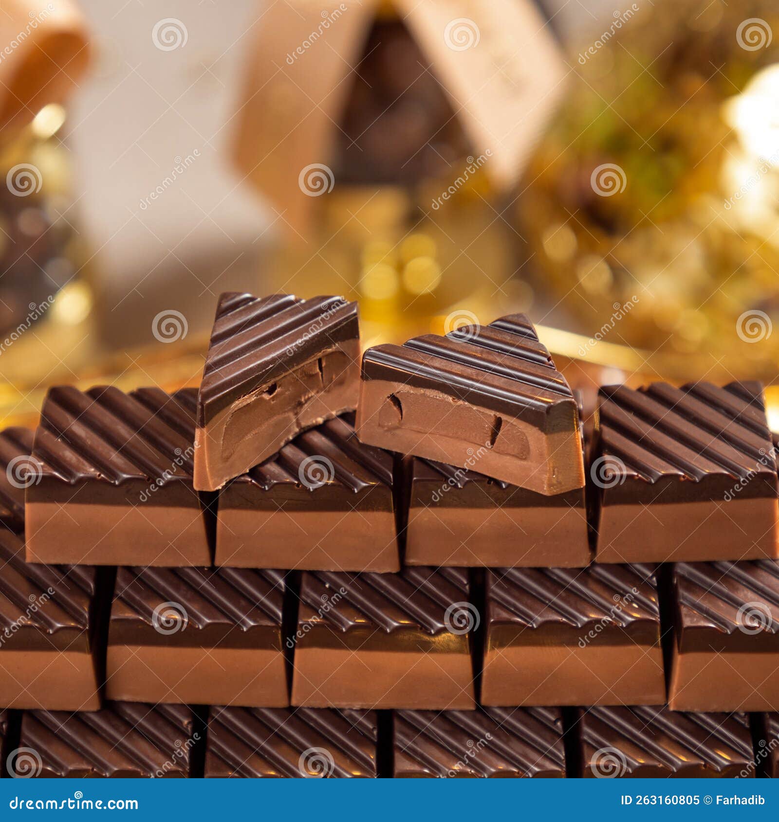 Rectangle Chocolate on Golden Tray Stock Image - Image of closeup, dark ...
