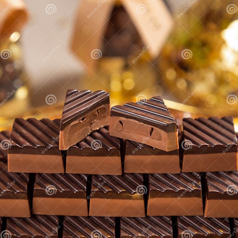 Rectangle Chocolate on Golden Tray Stock Image - Image of closeup, dark ...