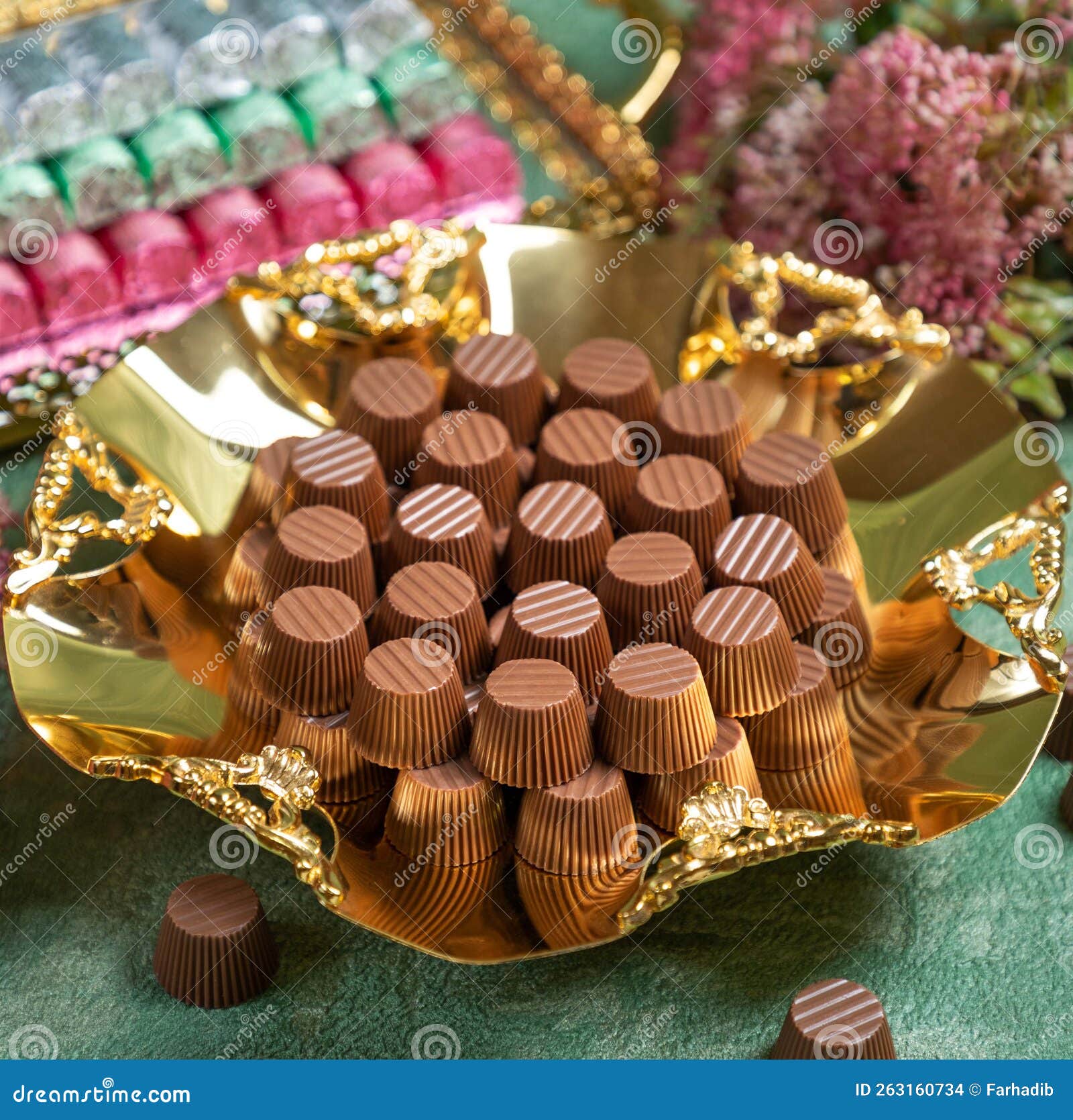 Rectangle Chocolate on Golden Tray Stock Photo - Image of ornate ...