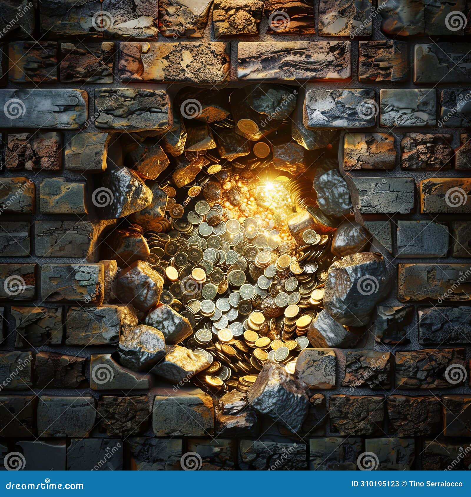 Rectangle Coins Spill from Hole in Brick Wall, Mixing Building ...