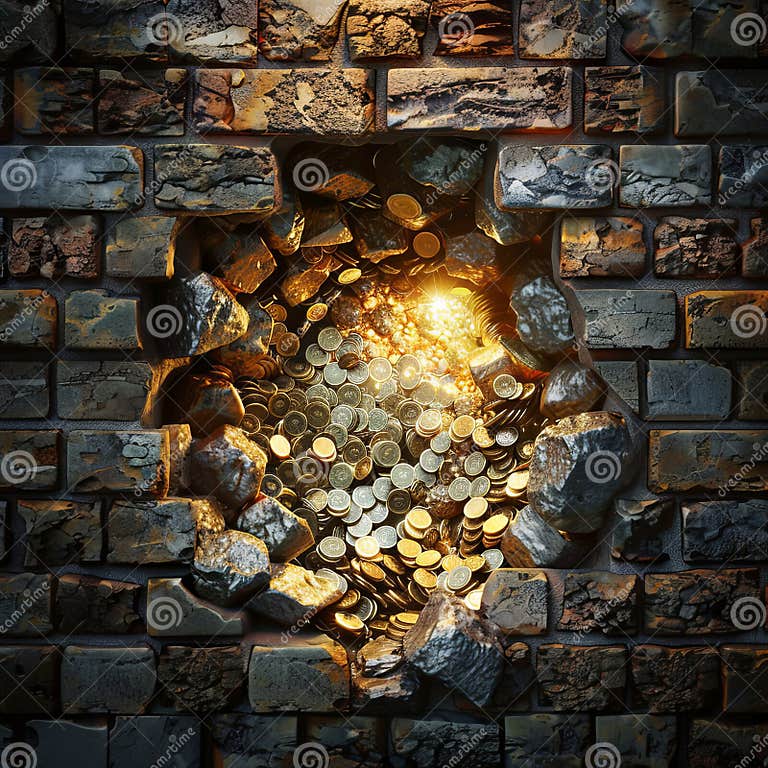 Rectangle Coins Spill from Hole in Brick Wall, Mixing Building ...