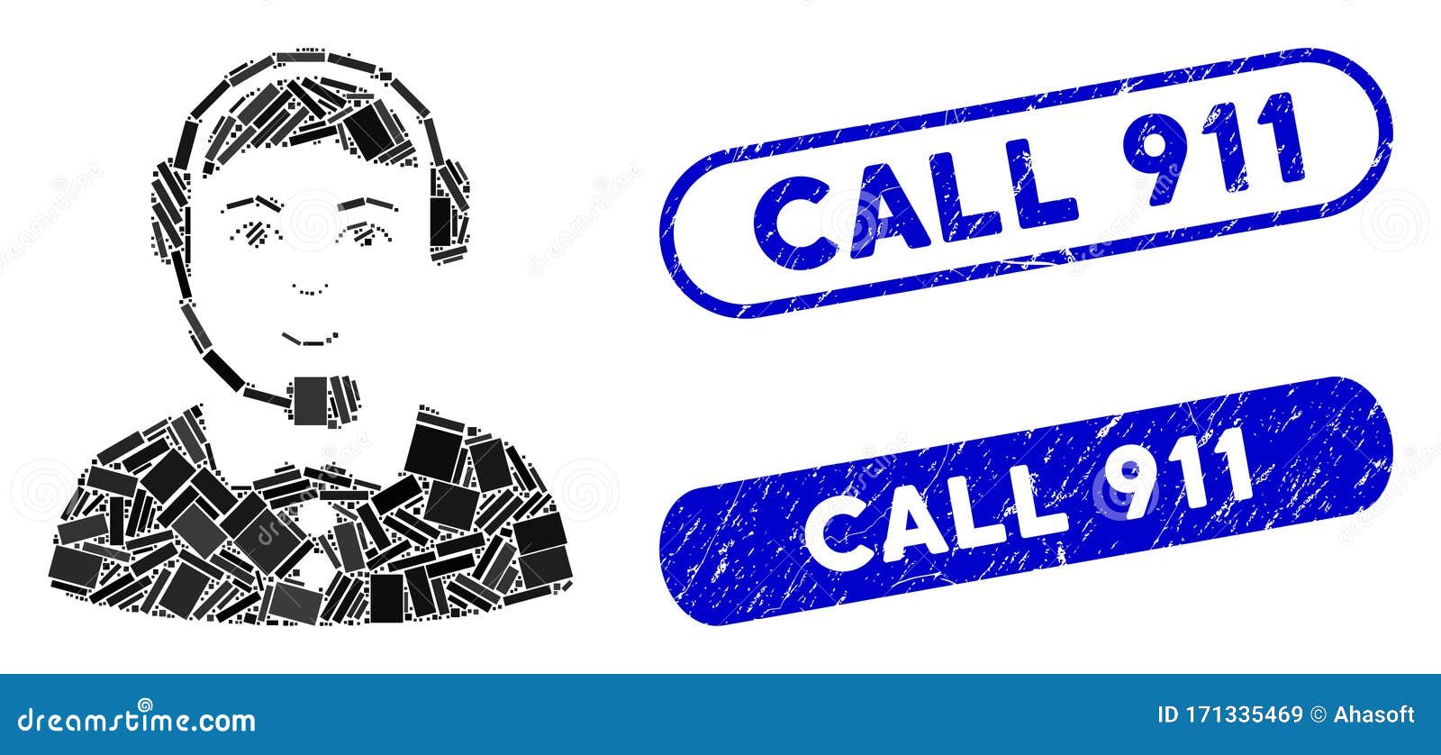 Rectangle Collage Call Center Operator with Grunge Call 911 Stamps ...
