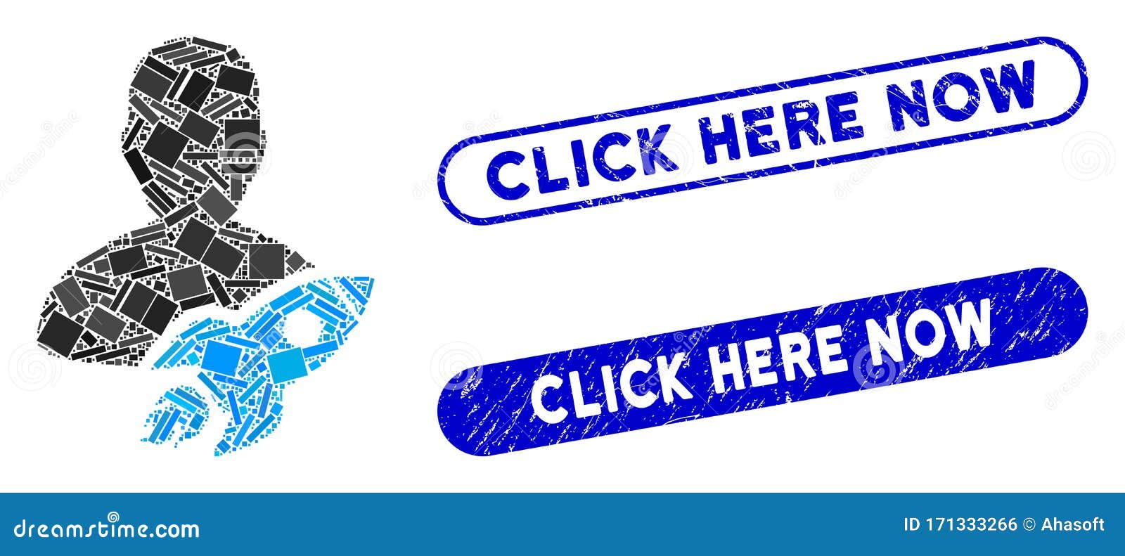 Rectangle Mosaic Startuper with Grunge Click Here Now Seals Stock ...