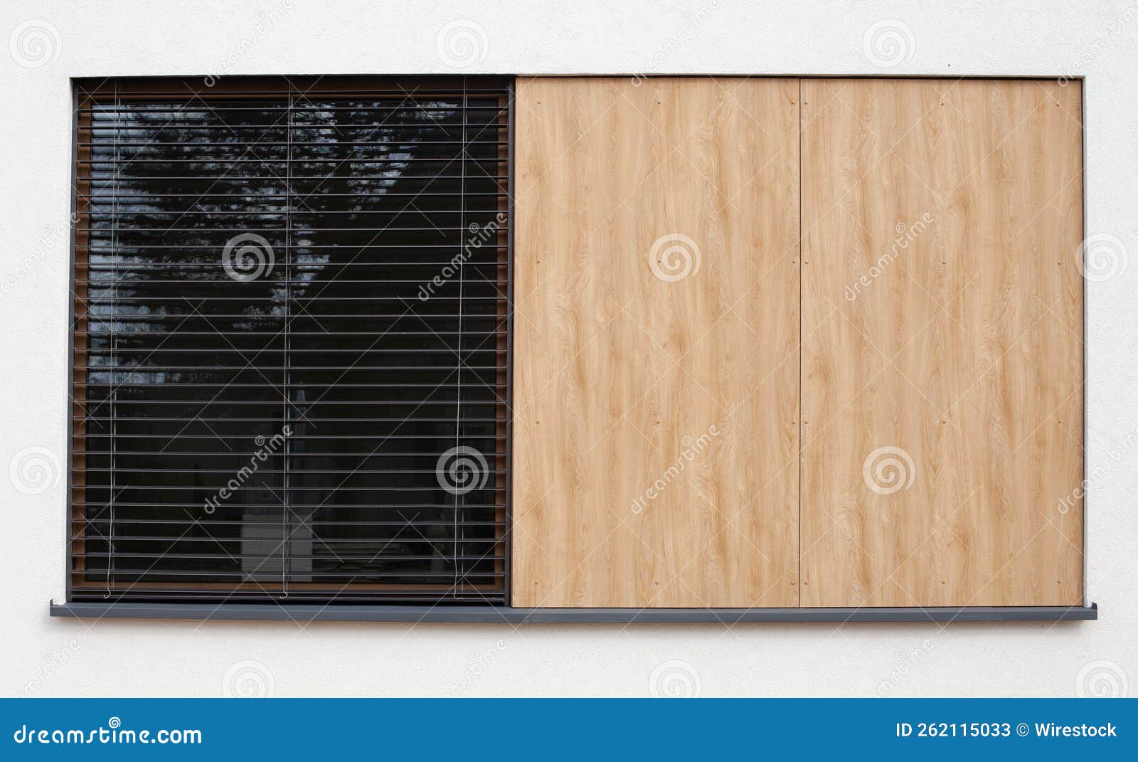 Rectangle-shaped Wooden Window with Blinds in the White Wall Stock ...