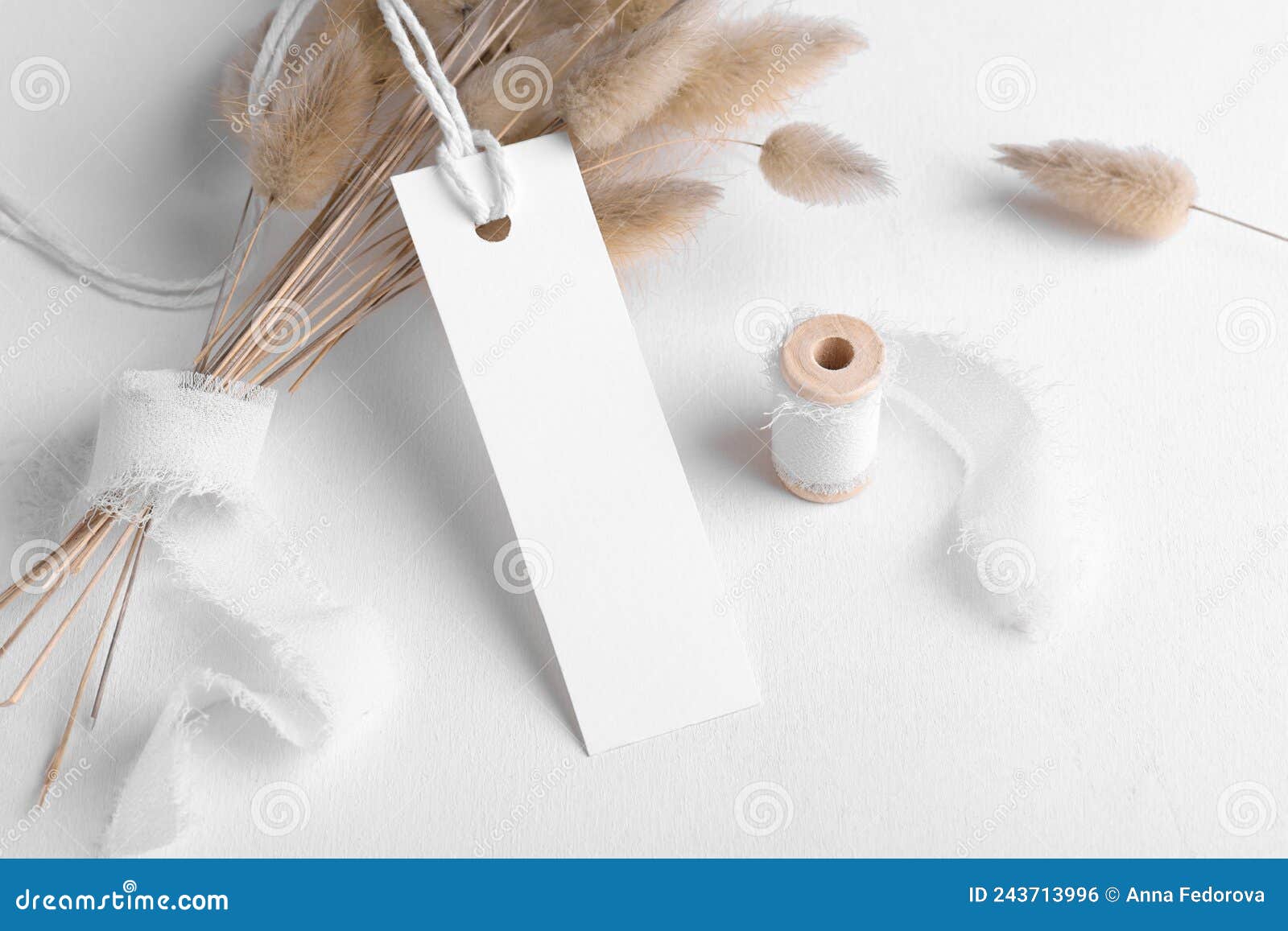 Rectangle White Tag Mockup on a White Background with Cotton String and ...