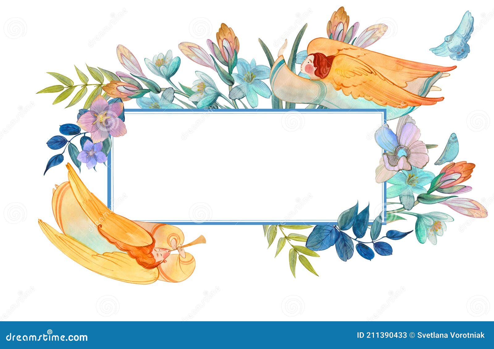 Rectangular Asymmetric Frame with Angels and Flowers. Hand Drawn ...