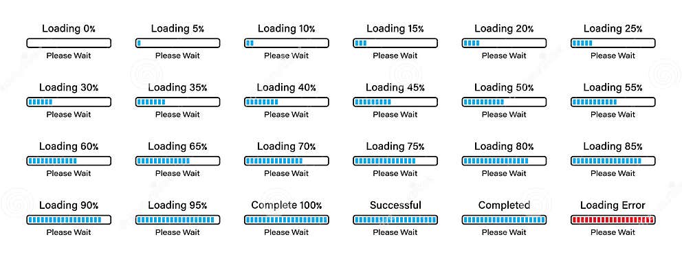 Percentage Loading Rectangular Bar Infographics Set Progressing from 0 ...
