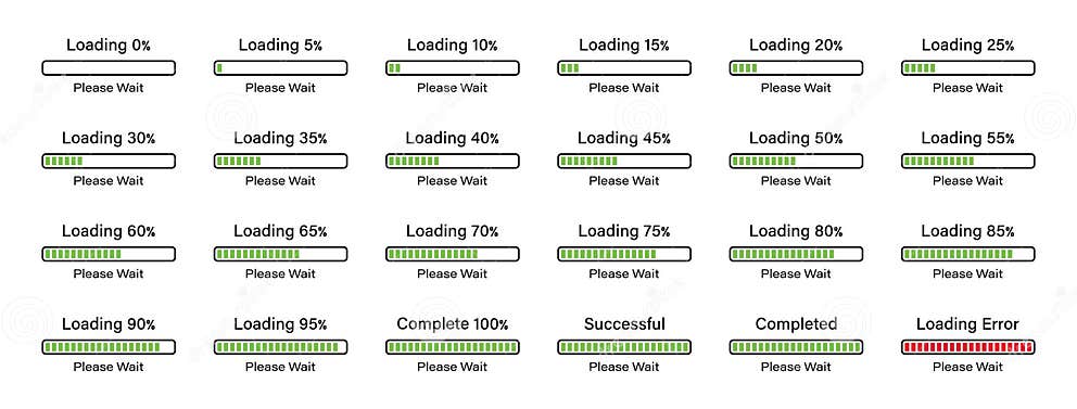 Percentage Loading Rectangular Bar Infographics Set Progressing from 0 ...
