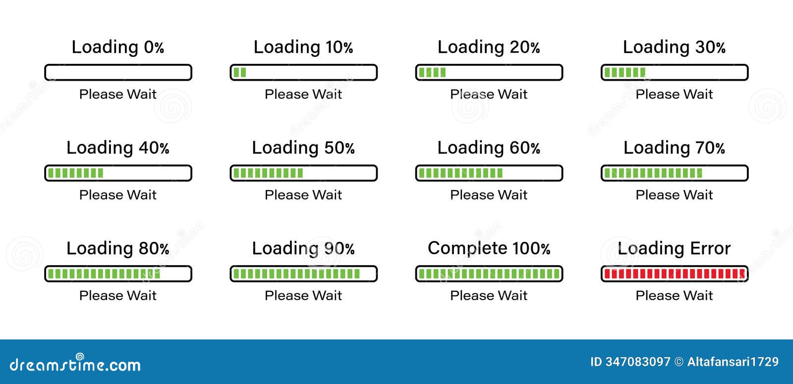 Percentage Loading Rectangular Bar Infographics Set Progressing from 0 ...