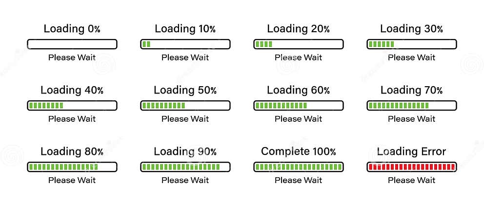 Percentage Loading Rectangular Bar Infographics Set Progressing from 0 ...