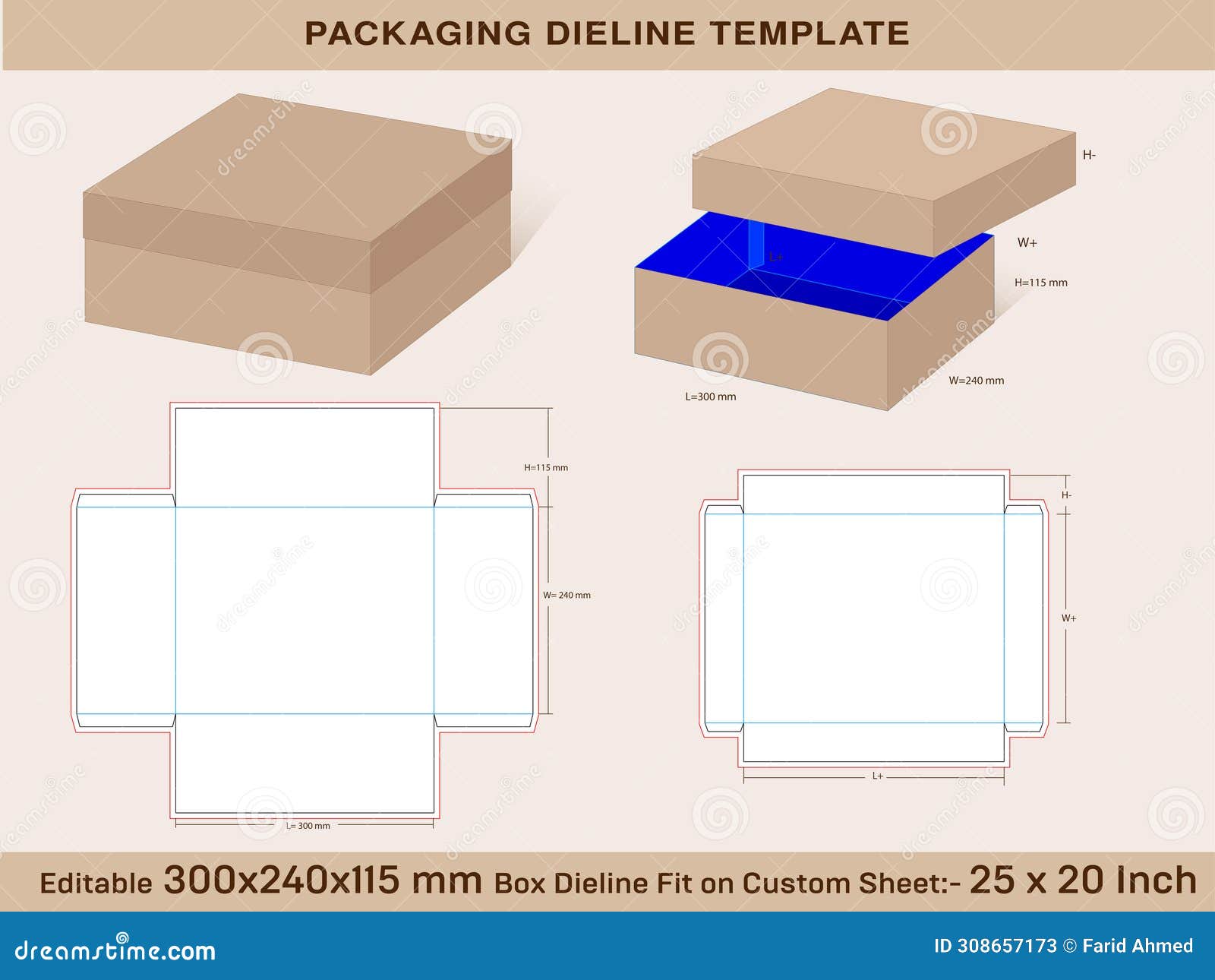 Two Piece Shoe Rectangular Base Box 300x240x115mm, Lid H 45 Mm Dieline ...