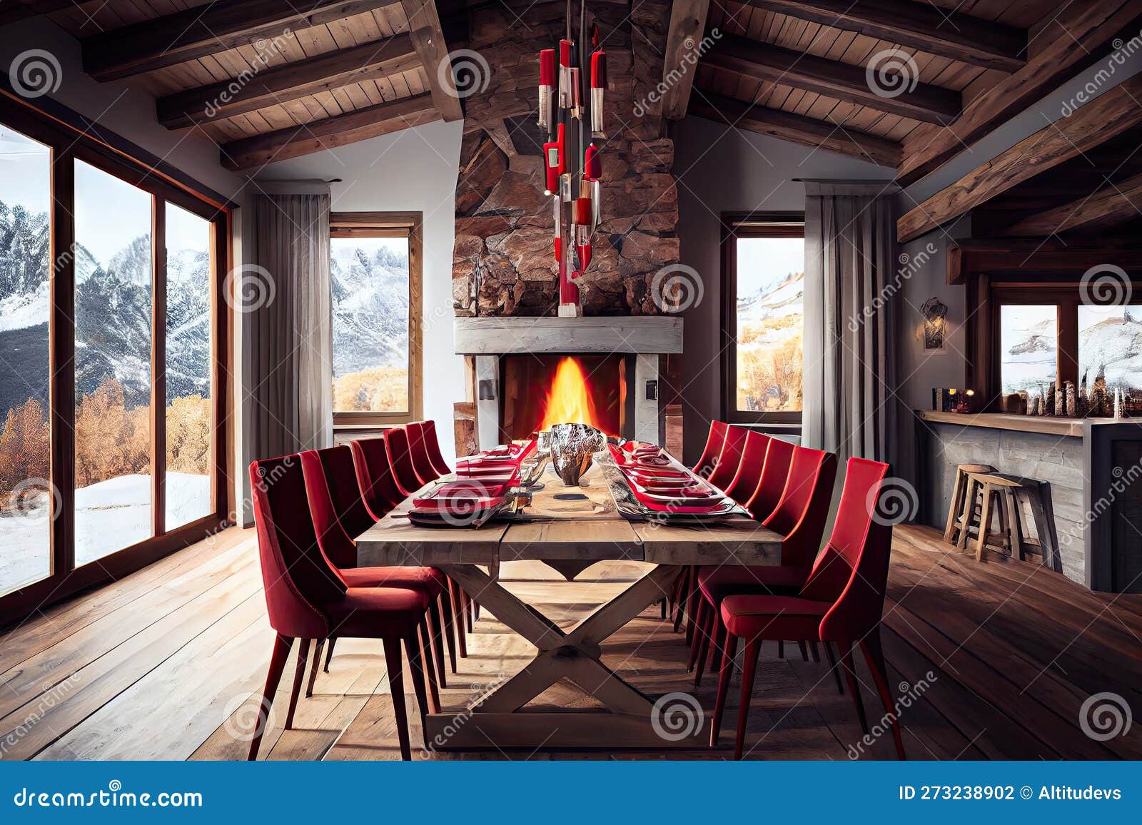 Rectangular Big Dining Table on Chalet with Chairs with Red Upholstery ...