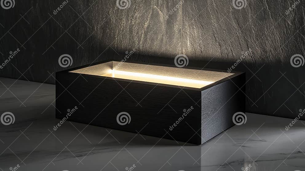 Rectangular Black Wooden Box with Ambient Lighting on Marble Surface ...