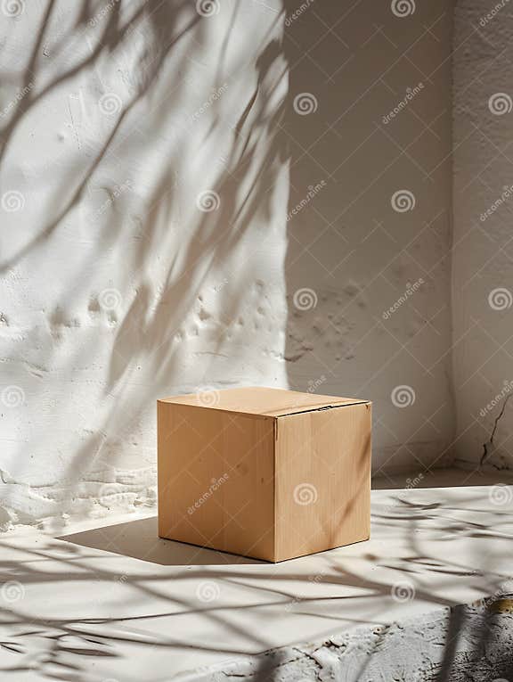 A Rectangular Cardboard Box Sits in a Corner on Hardwood Flooring Stock ...